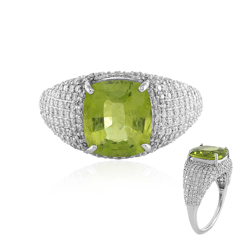 Chinesischer 5,78ct Peridot 14K Weißgold Ring, AMAYANI, 1,2ct Diamanten
