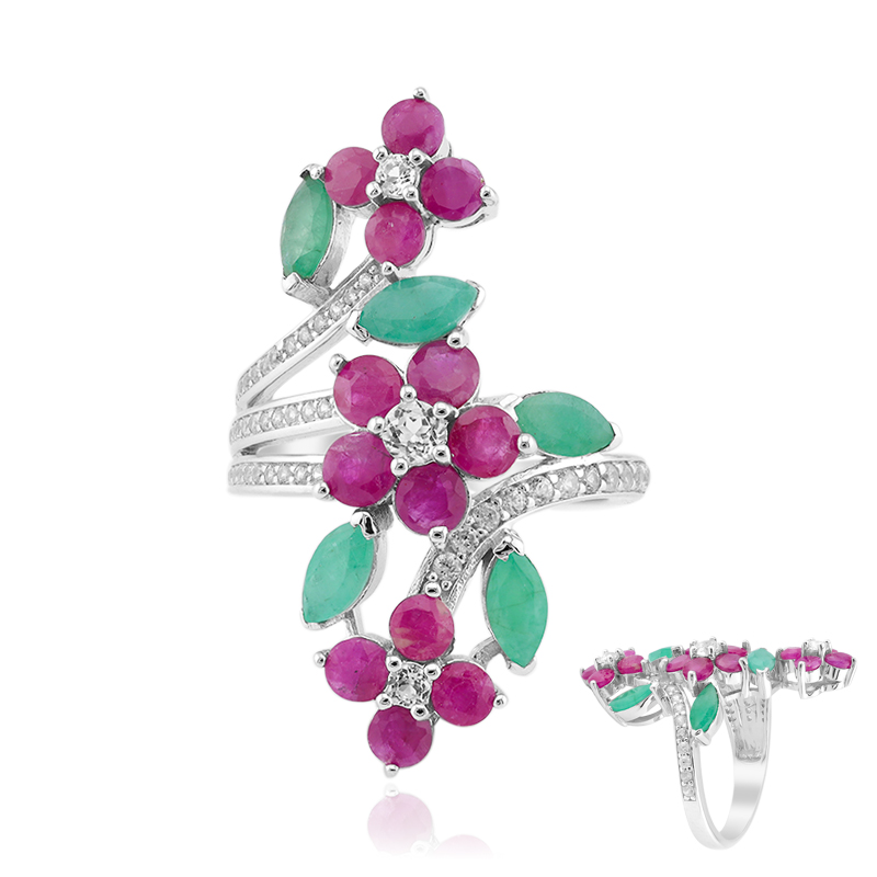 Ring van Sterling Zilver met Bloem Robijn Smaragd