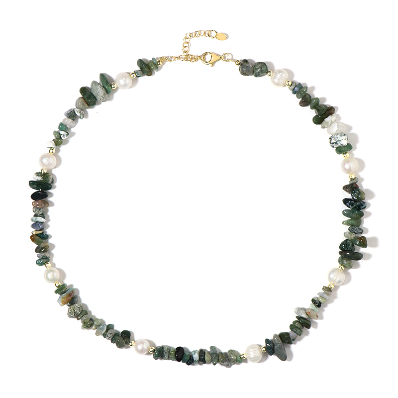 Moosachat Perle Vergoldetes Silber Collier