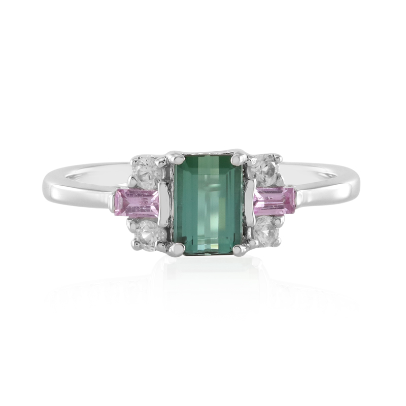 Zilveren ring met Braziliaanse groene toermalijn en roze saffier, 0,771ct