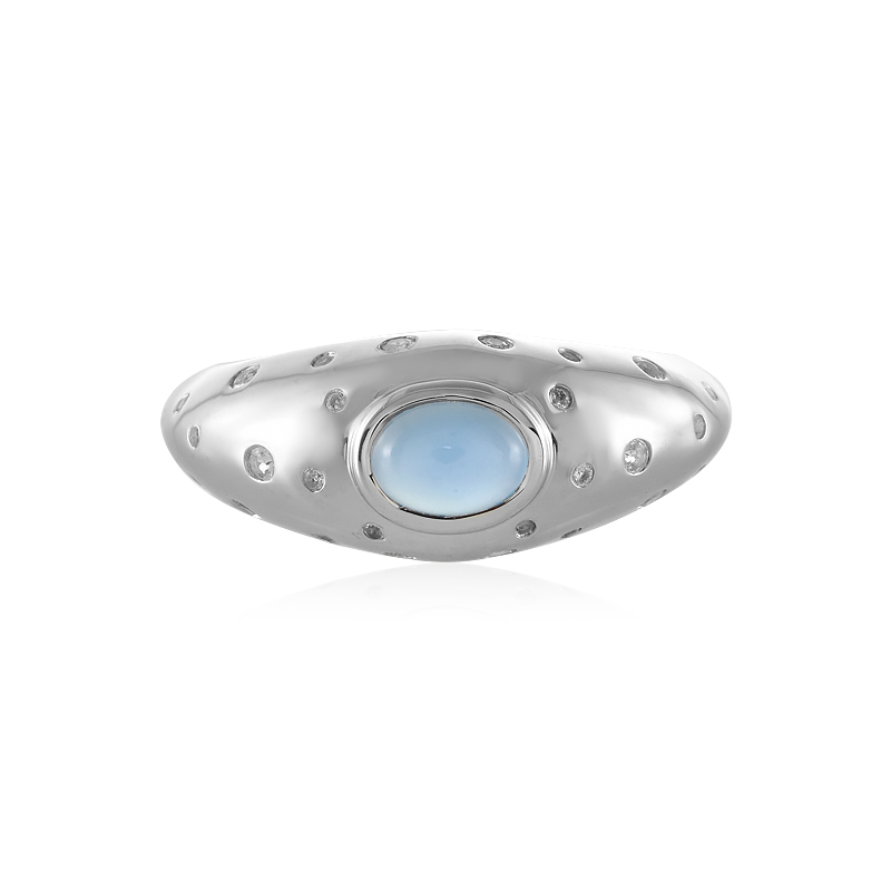 Anello d'argento con calcedonio blu indiano e topazio bianco, 0,999 ct